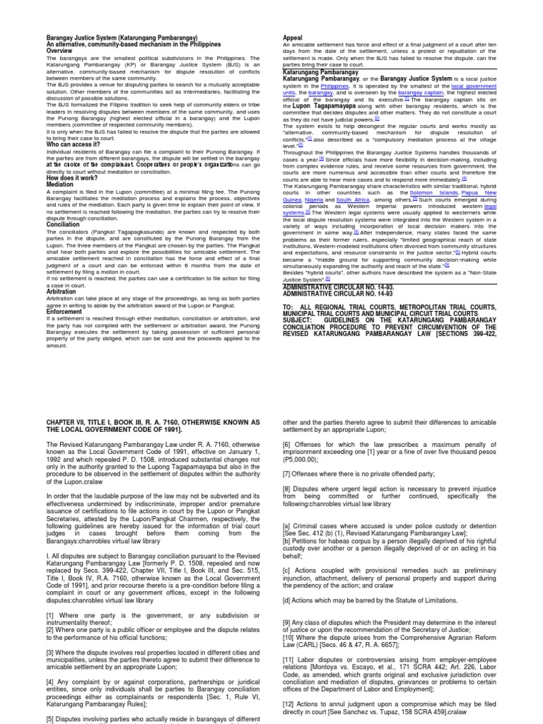 Barangay Justice System (Katarungang Pambarangay) Appeal Resolution ...