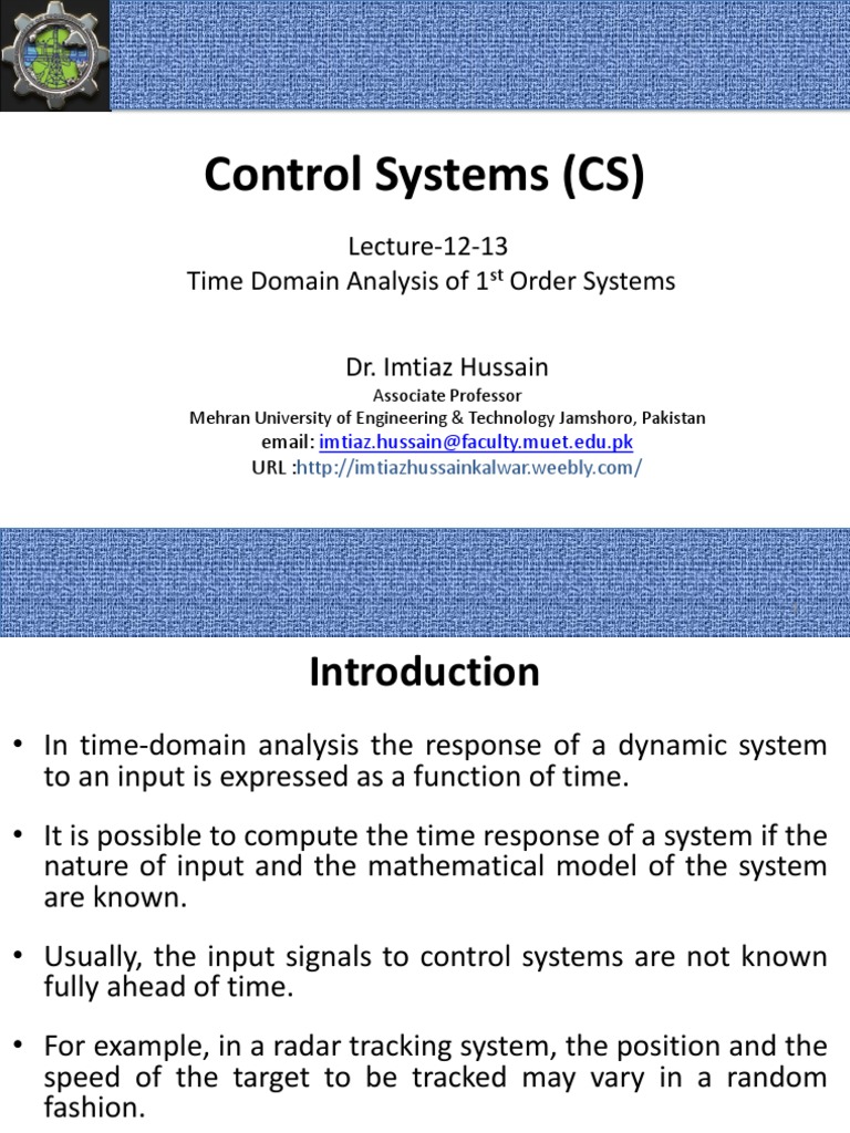 Lecture 12 13 Time Domain Analysis Of 1st Order Systems Pdf Laplace