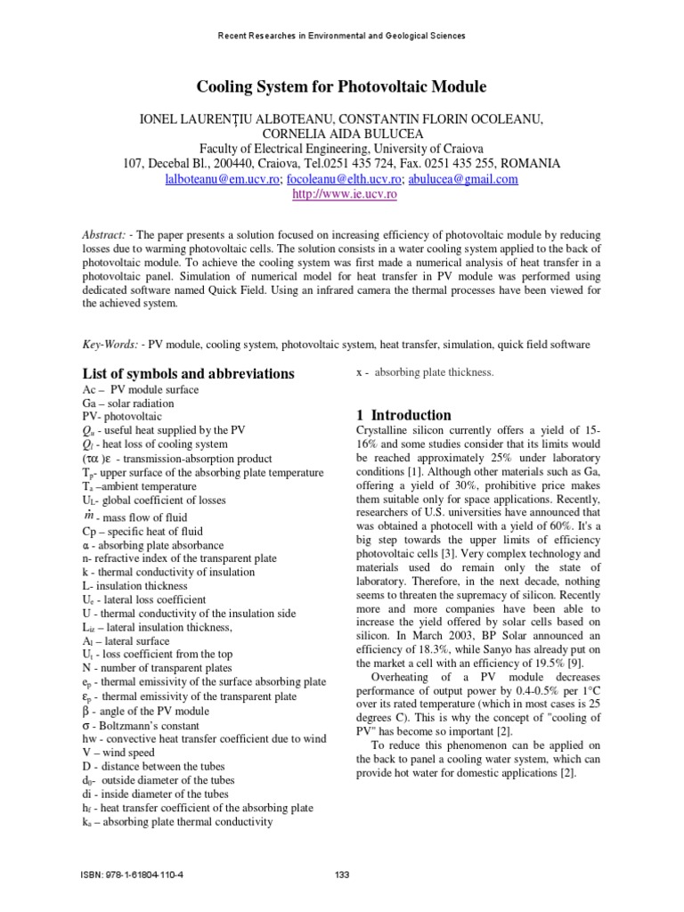 Cooling System For Photovoltaic Module: List of Symbols and ...