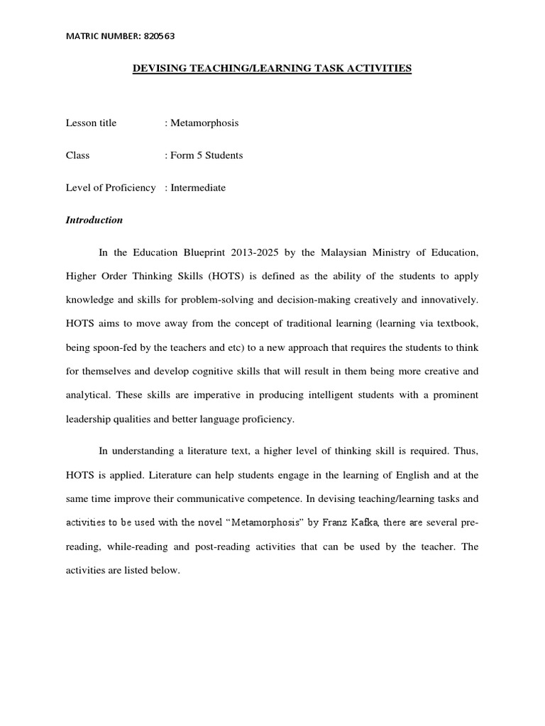 Metamorphosis Lesson Plan | PDF | The Metamorphosis | Teachers