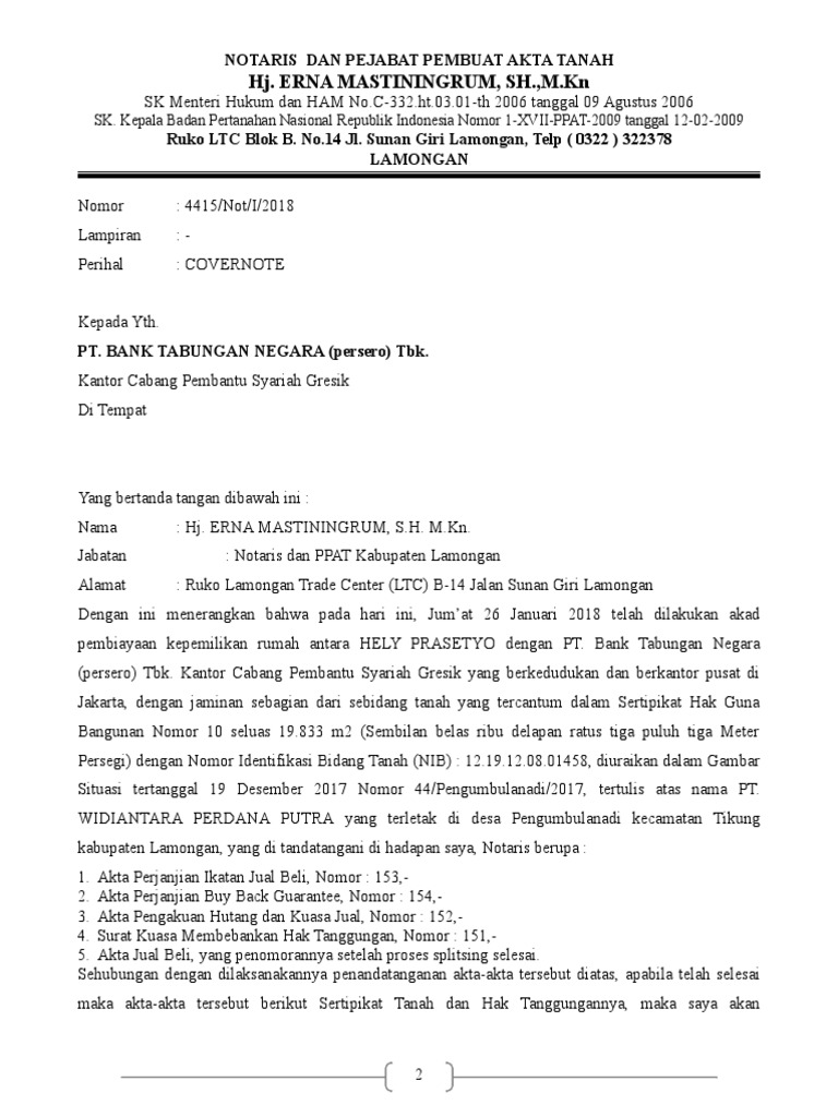 Contoh Covernote Notaris Lamongan | PDF