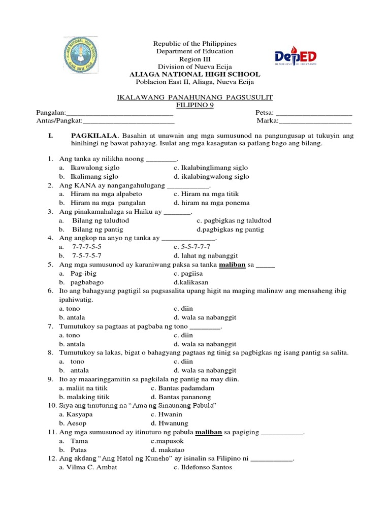 1st Periodical Test Filipino | PDF