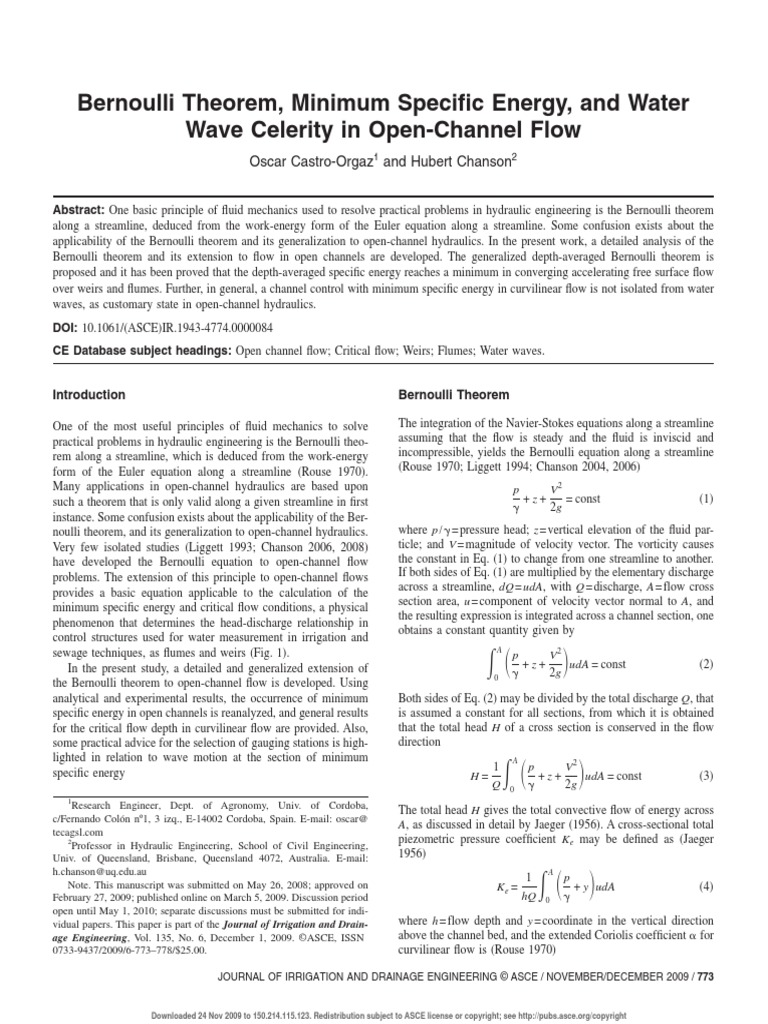 Bernoulli Theorem and Minimum Specific Energy PDF | PDF | Fluid ...
