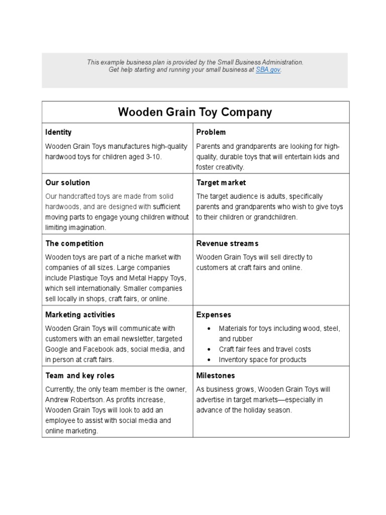 Sample Lean Business Plan - Wooden Grain Toy Company | PDF