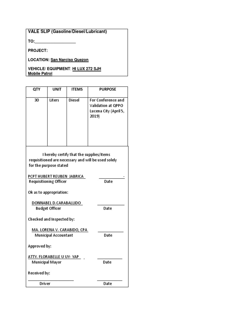 VALE SLIP (Gasoline/Diesel/Lubricant) | PDF | Fuels | Chemical Energy ...