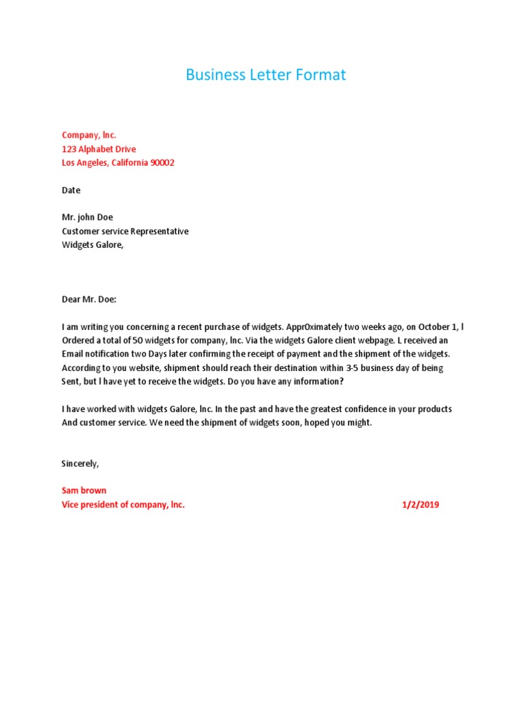 Business Letter Format: Company, Lnc. 123 Alphabet Drive Los Angeles ...