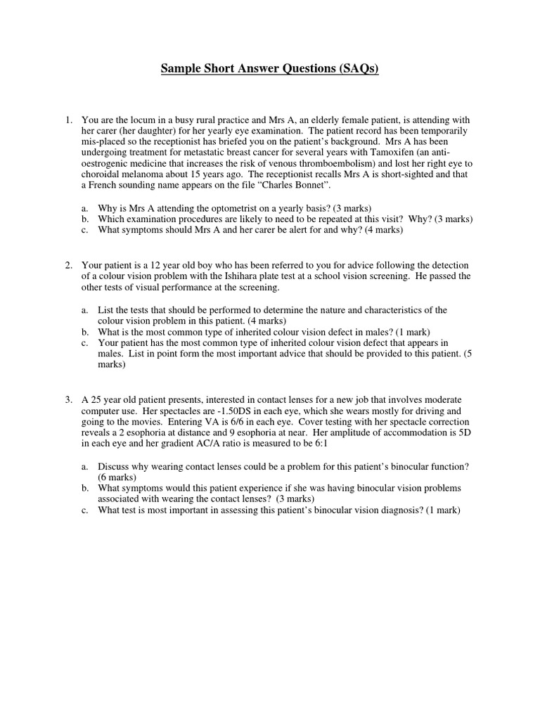 Sample Short Answer Questions SAQs | PDF | Screening (Medicine ...