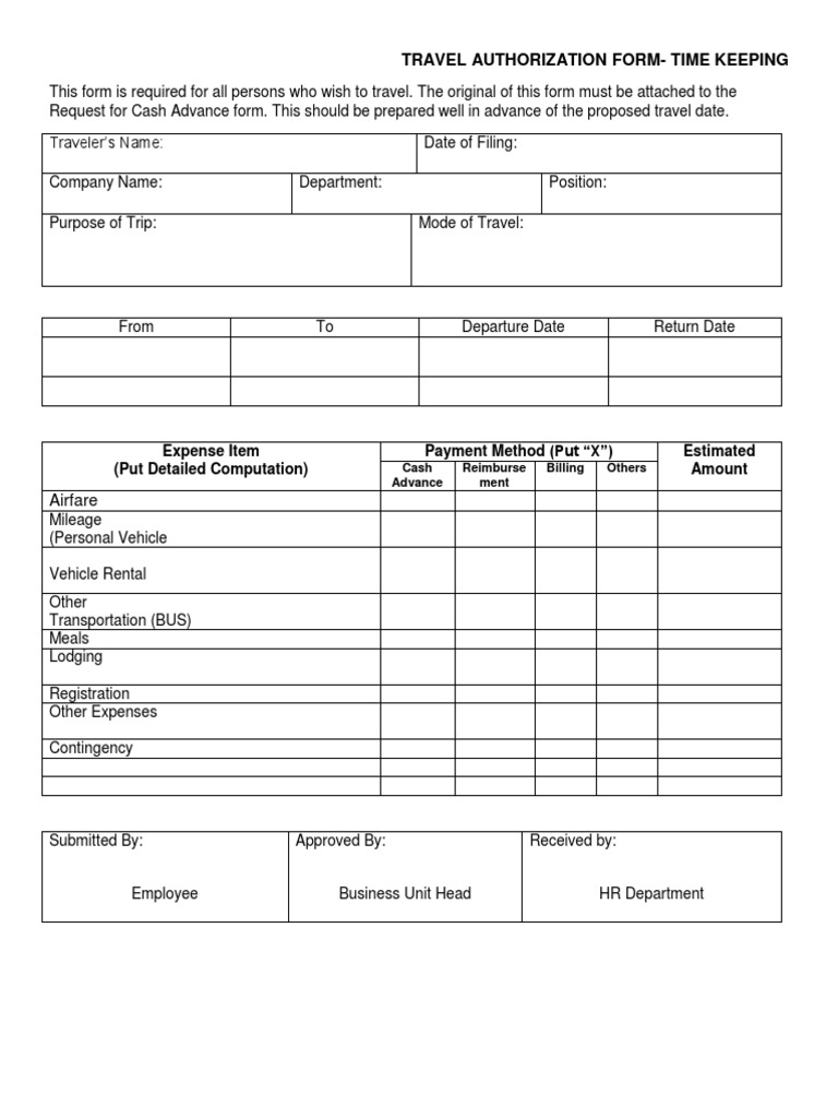 Travel Authorization Form | PDF