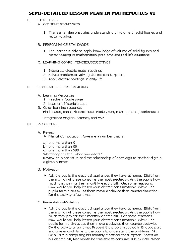Lesson Plan: Electric Meter Reading VI | PDF | Learning | Lesson Plan