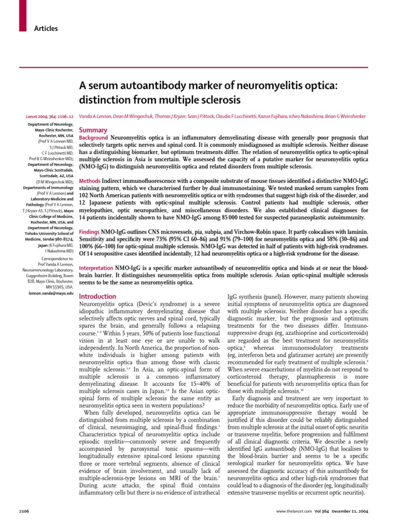 A Serum Autoantibody Marker of Neuromyelitis Optica: Distinction From ...