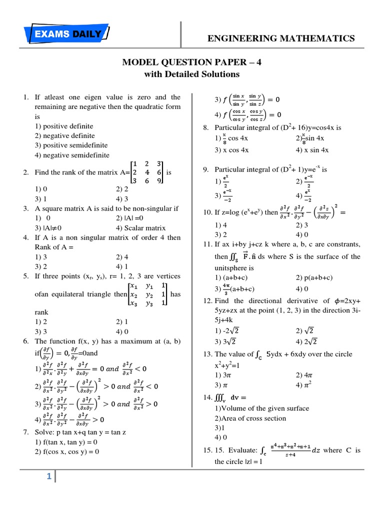 Engineering Mathematics Model Question Paper 4 With Detailed Solutions ...