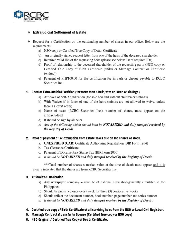 Deceased Clients Requirement RCBC | PDF | Identity Document | Notary Public