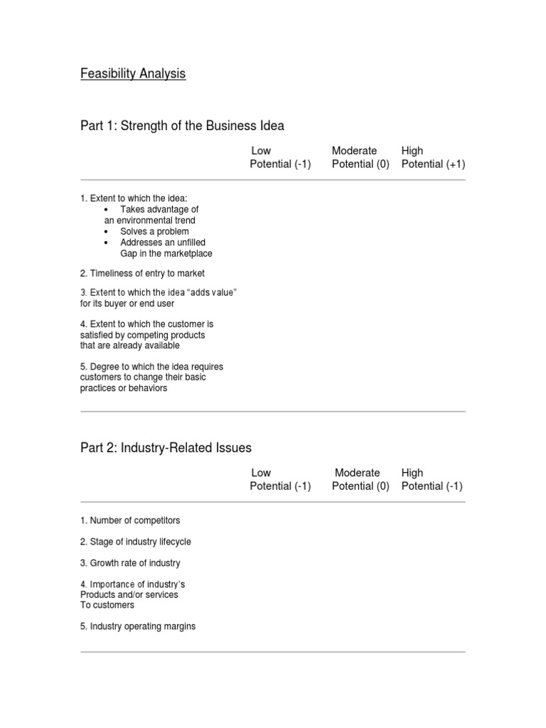 Feasibility Analysis: Low Moderate High Potential (-1) Potential (0 ...