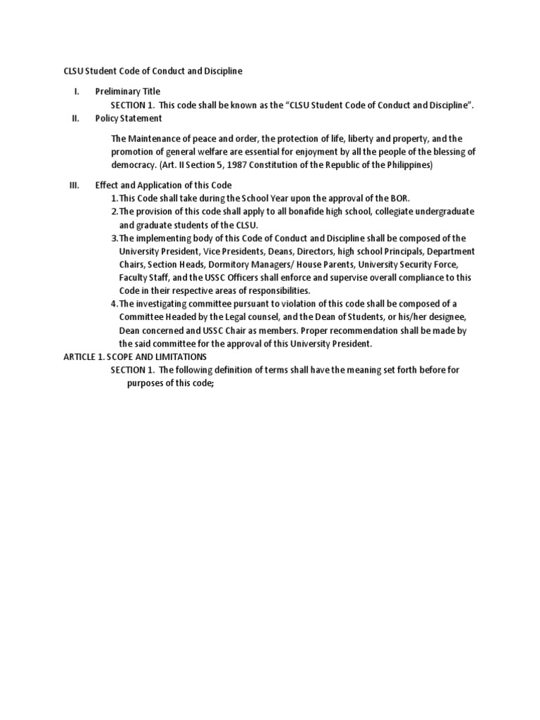 CLSU Student Code of Conduct and Discipline | PDF