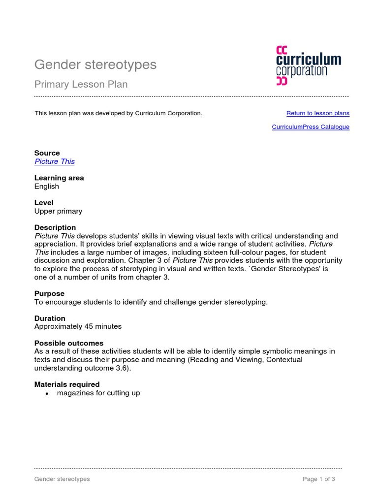 Gender Stereotypes: Primary Lesson Plan | PDF | Stereotypes | Gender Role
