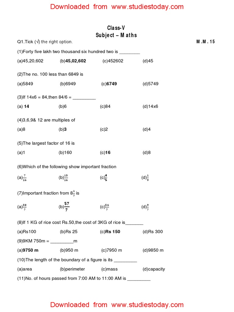 Class 5 Maths: Fraction Test Paper | PDF | Teaching Mathematics | Geometry