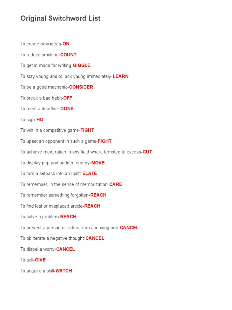 Original Switchword List 1 | PDF | Psychological Concepts | Cognitive ...
