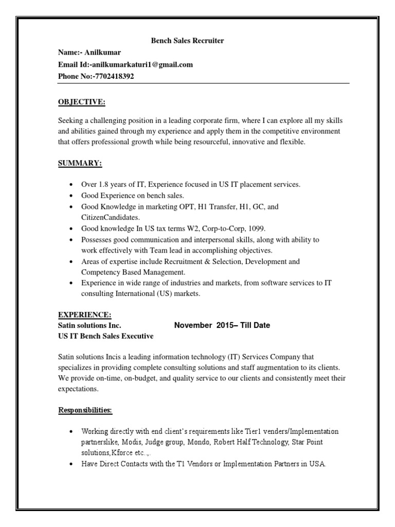 Bench Sales Recruiter Name:-Anilkumar Phone No:-7702418392 | PDF ...