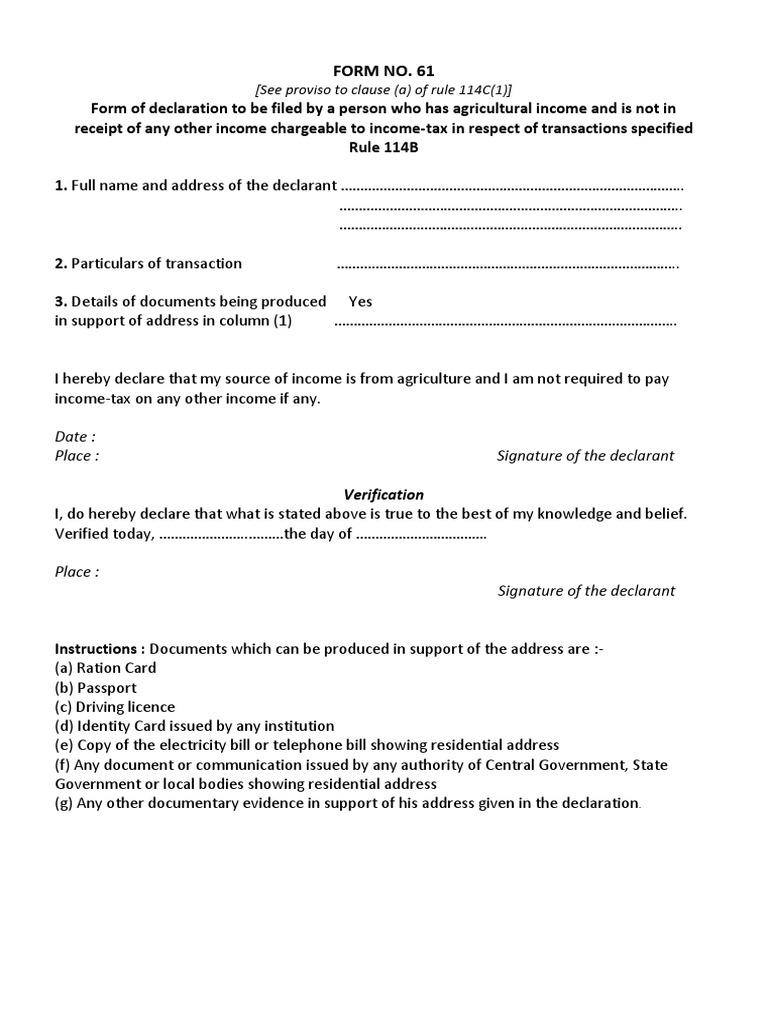 Form No. 61: (See Proviso To Clause (A) of Rule 114C (1) ) | PDF | Document | Government And ...
