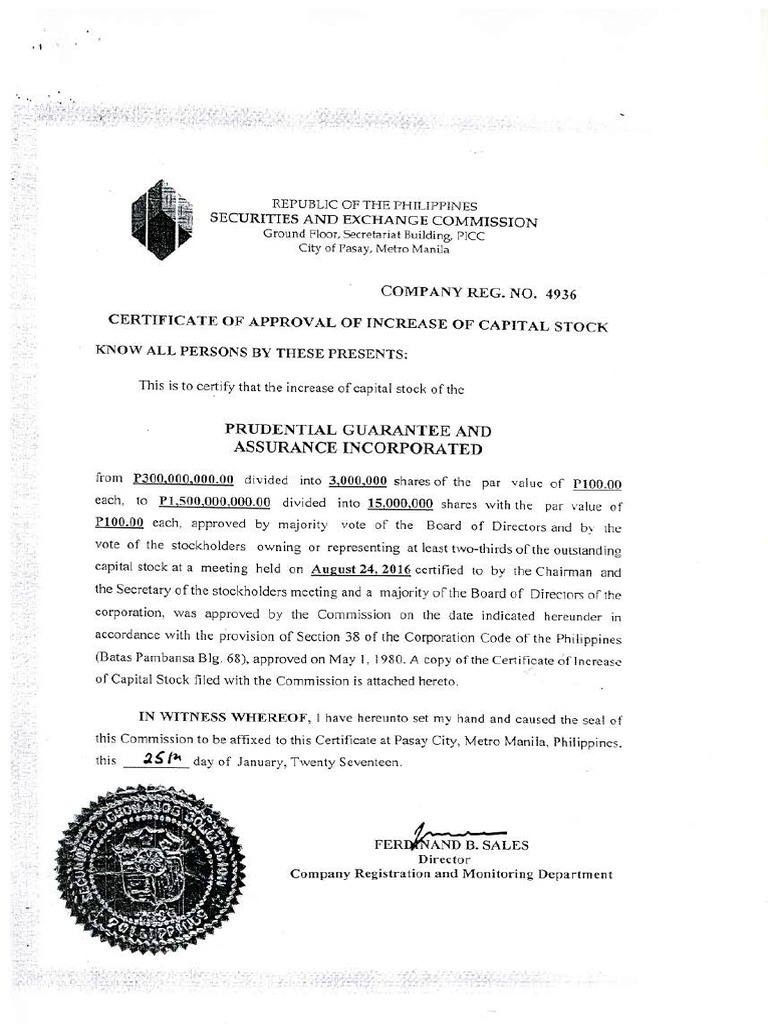 Certificate of Approval of Increase of Capital Stock | PDF
