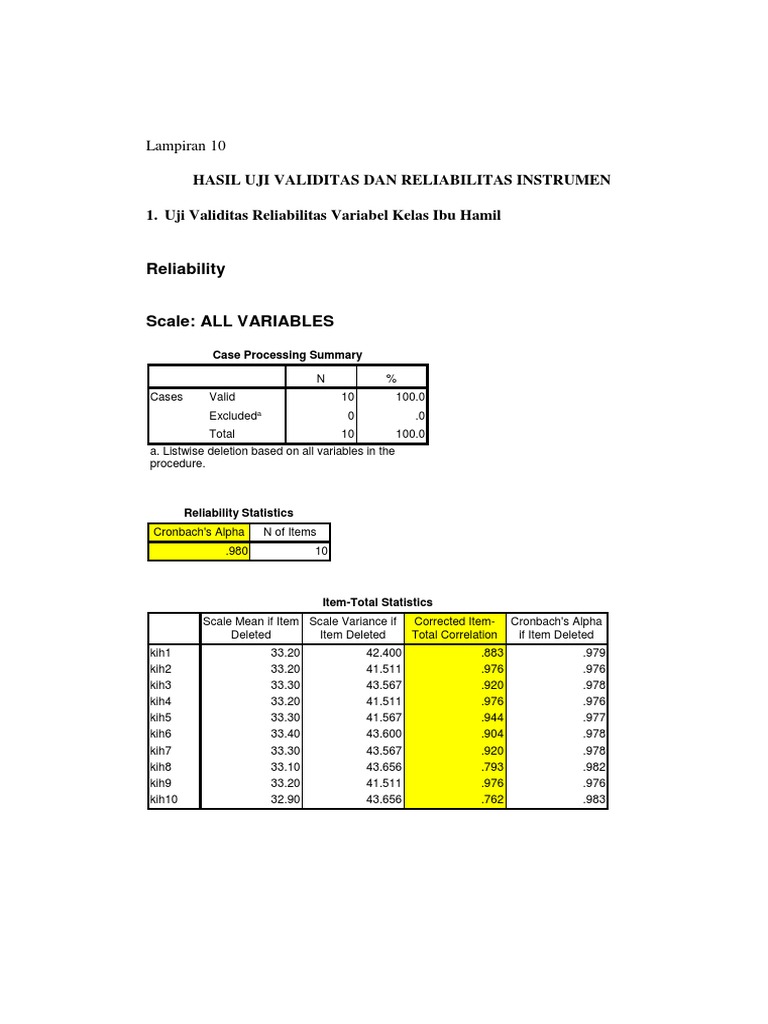 Lampiran 10 Hasil Uji Validitas Pdf Cronbachs Alpha 0390