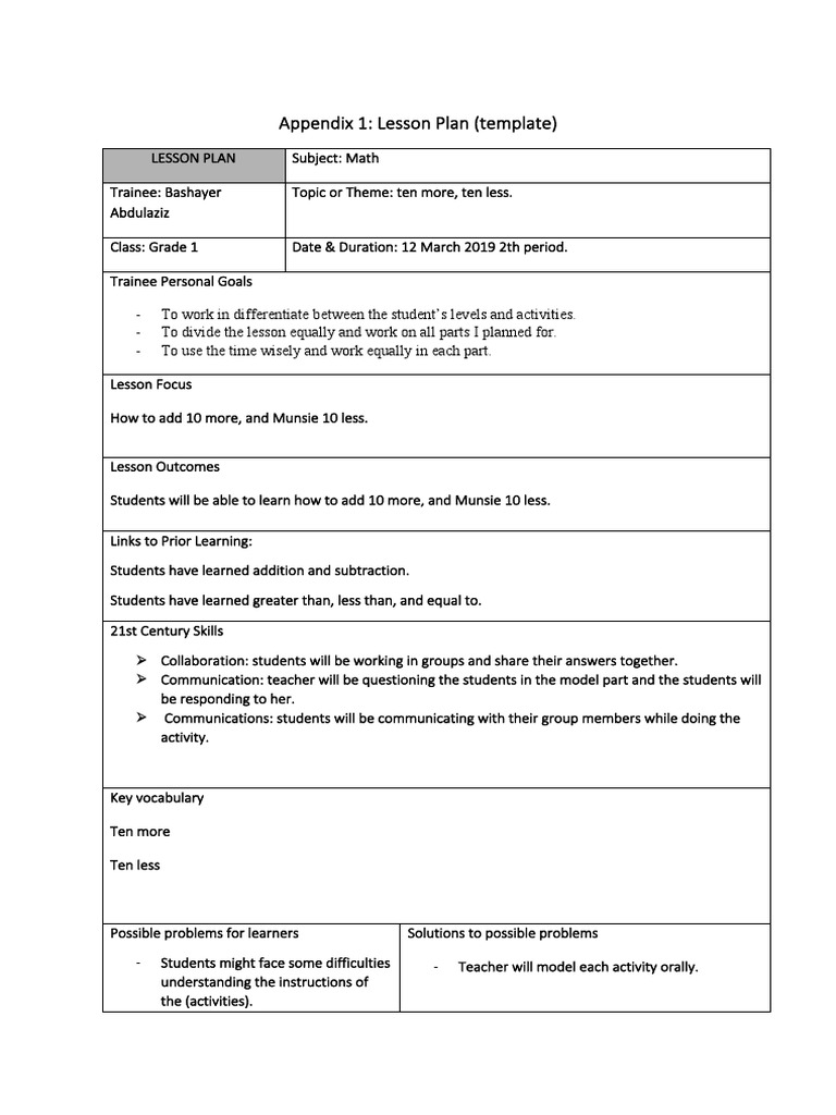 Appendix 1: Lesson Plan (Template) | PDF | Lesson Plan | Psychology