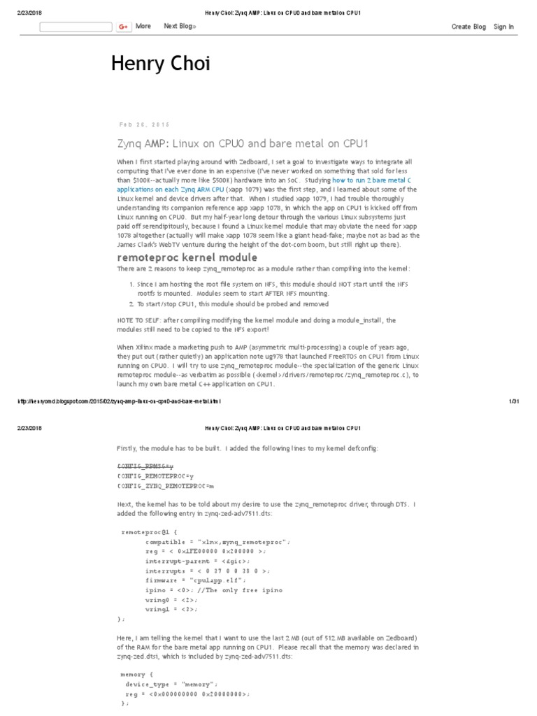 Henry Choi - Zynq AMP - Linux On CPU0 and Bare Metal On CPU1 | PDF | Booting | Computer Architecture