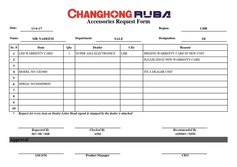 Accessories Request Form: MR Nadeem Sale | PDF