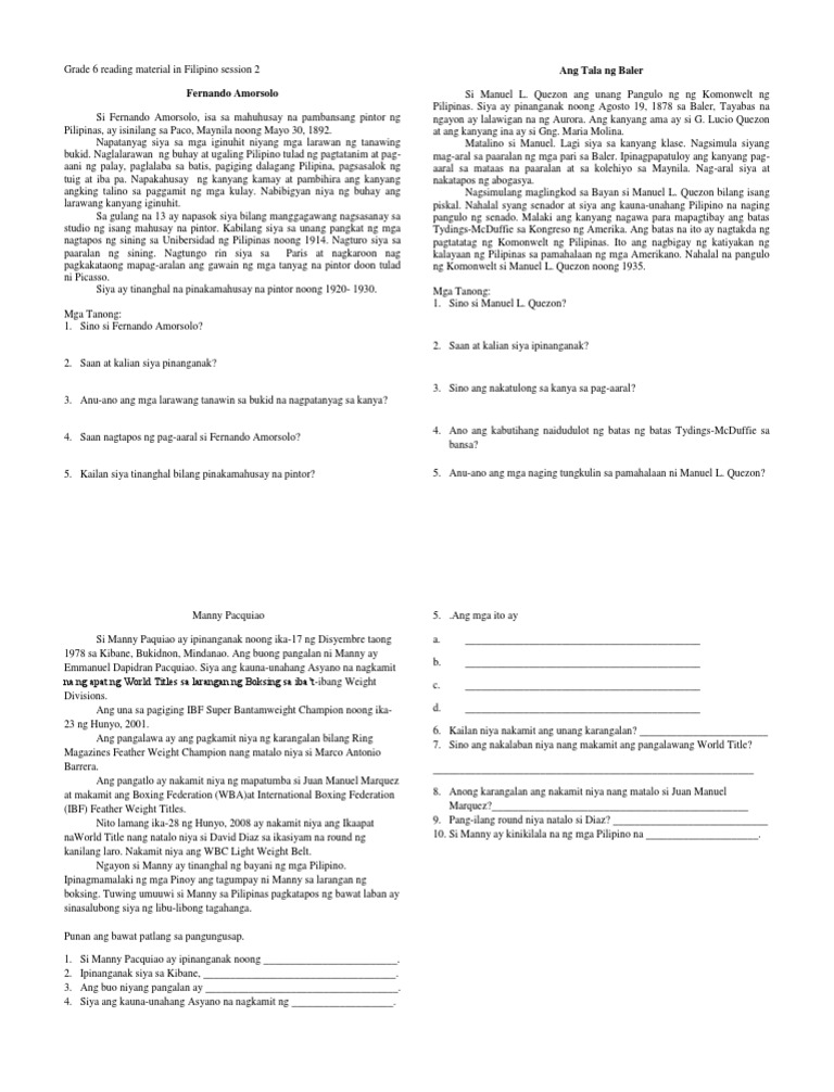 Grade 6 Reading Material in Filipino Session 2 | PDF