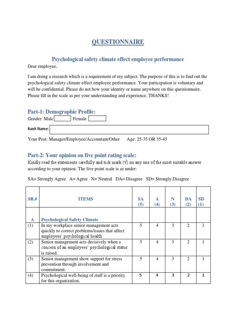 Questionnaire: Psychological Safety Climate Effect Employee Performance ...