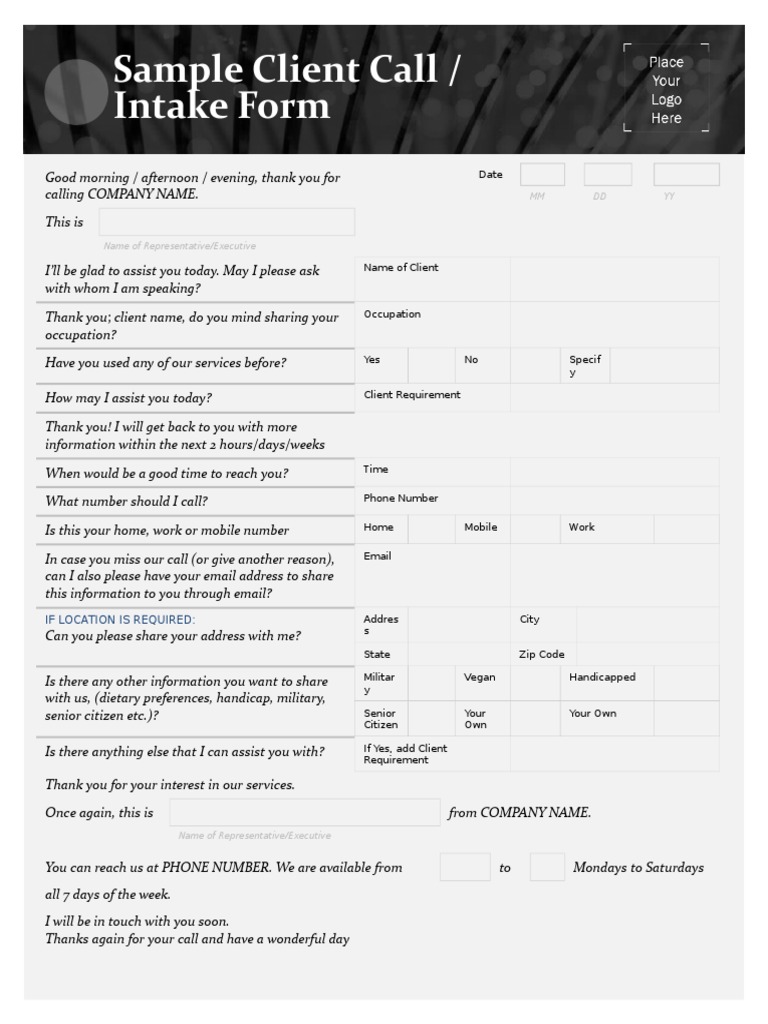 Sample Client Call / Intake Form: MM DD YY | PDF | Telecommunications ...