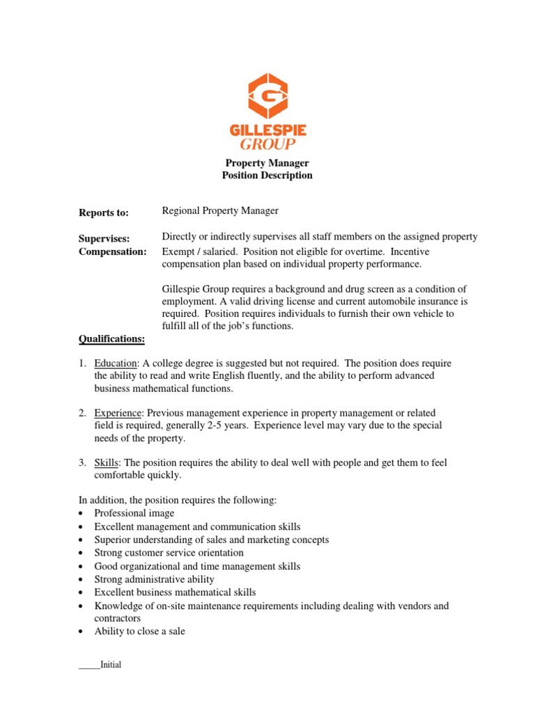 Property Manager Job Description 1 | PDF | Housing Discrimination ...