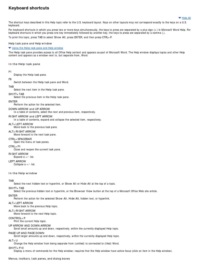 Keyboard Shortcuts: in The Help Task Pane | PDF | Computer Keyboard | Menu (Computing)