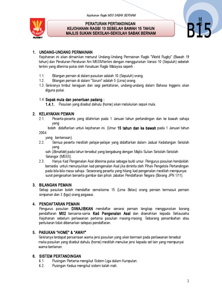 b15 Peraturan Pertandingan Ragbi Msss 2018 | PDF