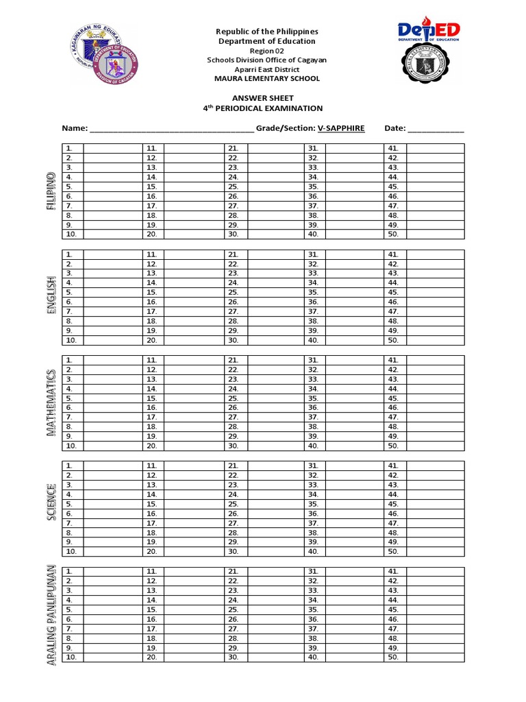 Answer Sheet 4 Periodical Examination Name: - Grade/Section: V-SAPPHIRE ...