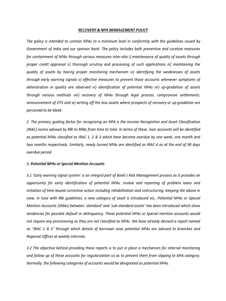 Npa Policy PDF | PDF | Loans | Banks