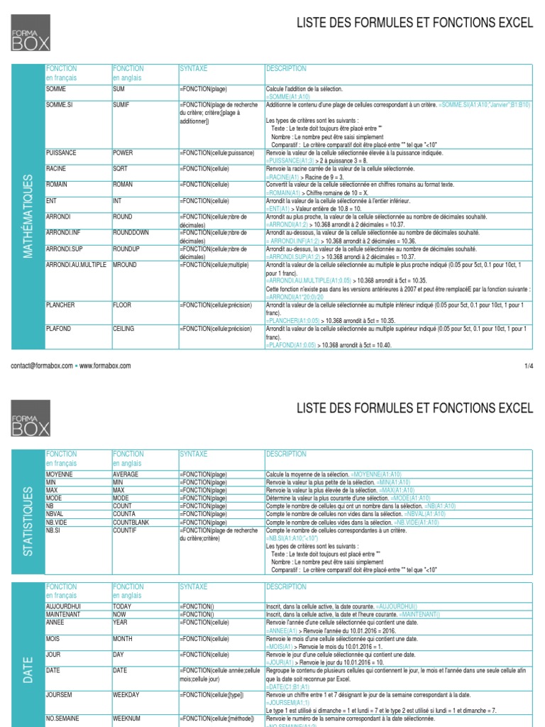 Liste des Formules et Fonctions Excel | PDF | Somme (arithmétique ...