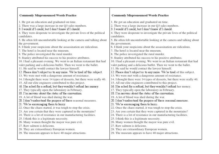 Commonly Mispronounced Words Practice | PDF