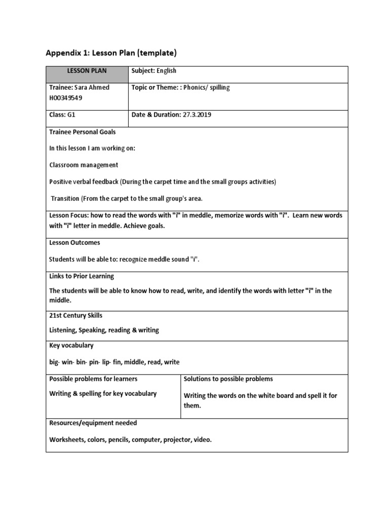 Appendix 1: Lesson Plan (Template) | PDF | Behaviorism | Lesson Plan