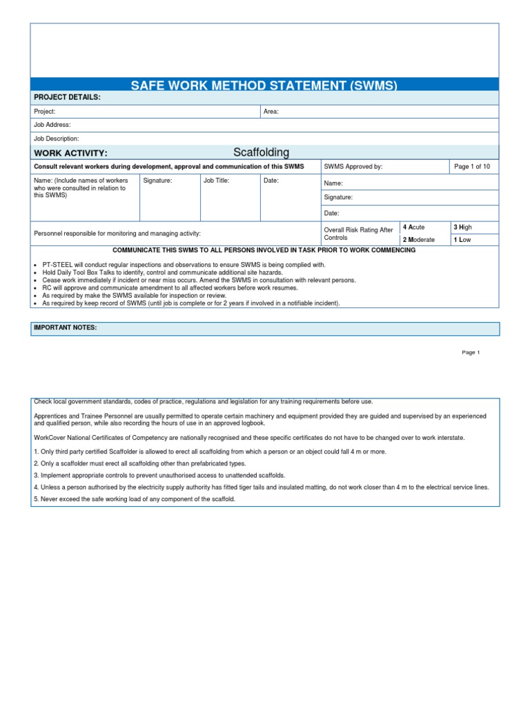 Safe Work Method Statement (SWMS) : Scaffolding | PDF | Scaffolding ...