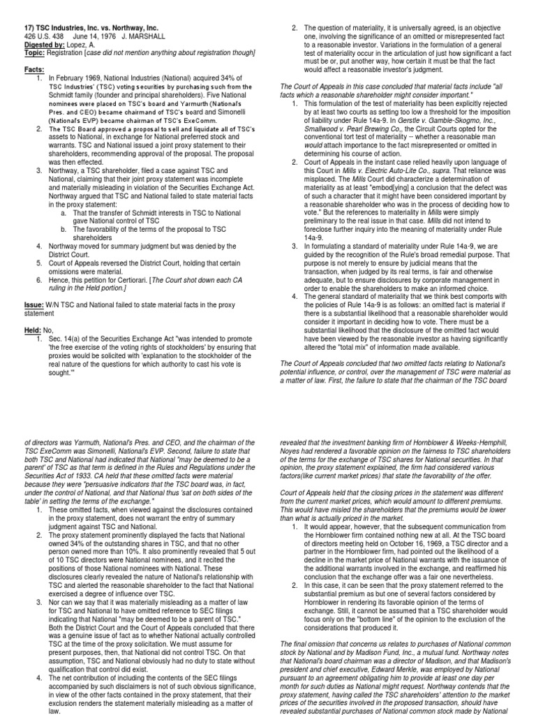 17) TSC Industries v. Northway | PDF | Proxy Voting | Securities (Finance)