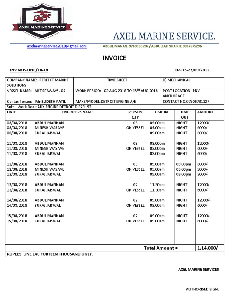 Axel Marine Service.: Invoice | PDF
