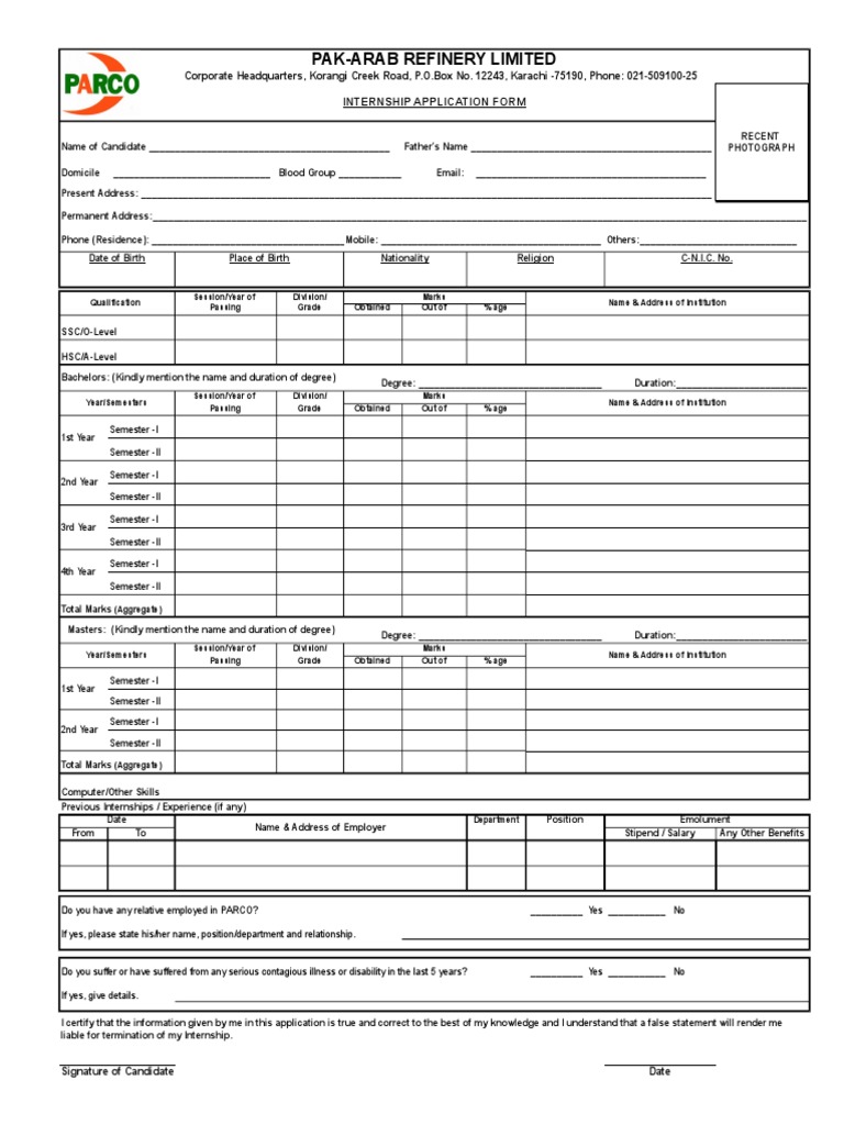 Pak-Arab Refinery Limited: Internship Application Form | PDF ...