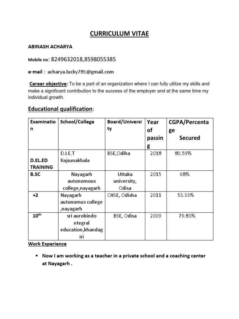 Curriculum Vitae: Educational Qualification: Year of Passin G CGPA/Percenta Ge Secured | PDF ...