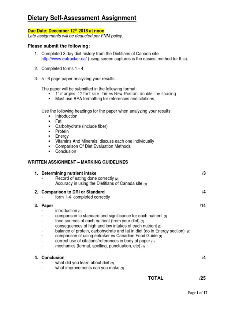 Dietary Self-Assessment Assignment Revised Fall 2018 1 | PDF ...
