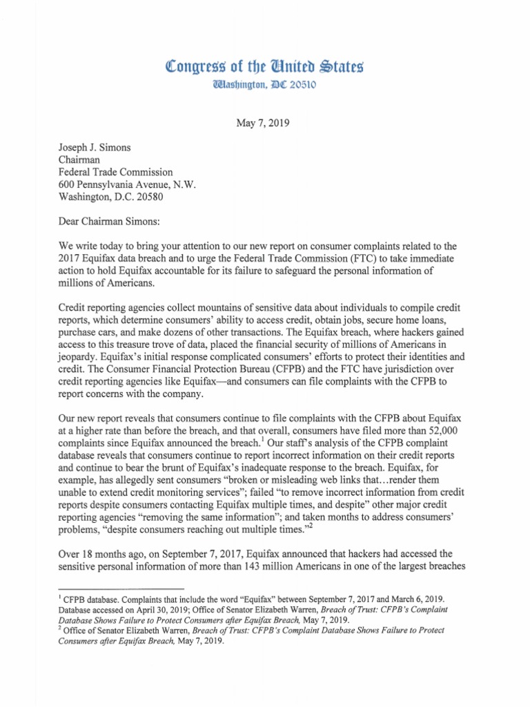 2019.05.07 Letter To FTC On Equifax Report | PDF | Consumer Financial ...