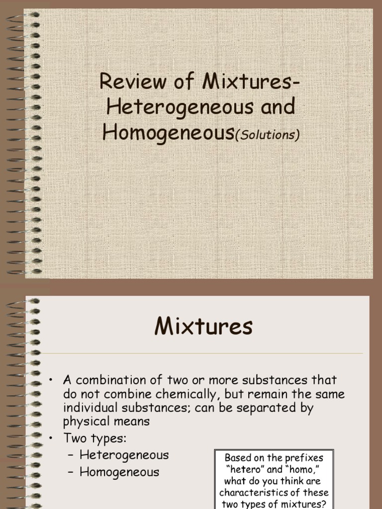 Review of Mixtures-Heterogeneous and Homogeneous: (Solutions) | PDF ...