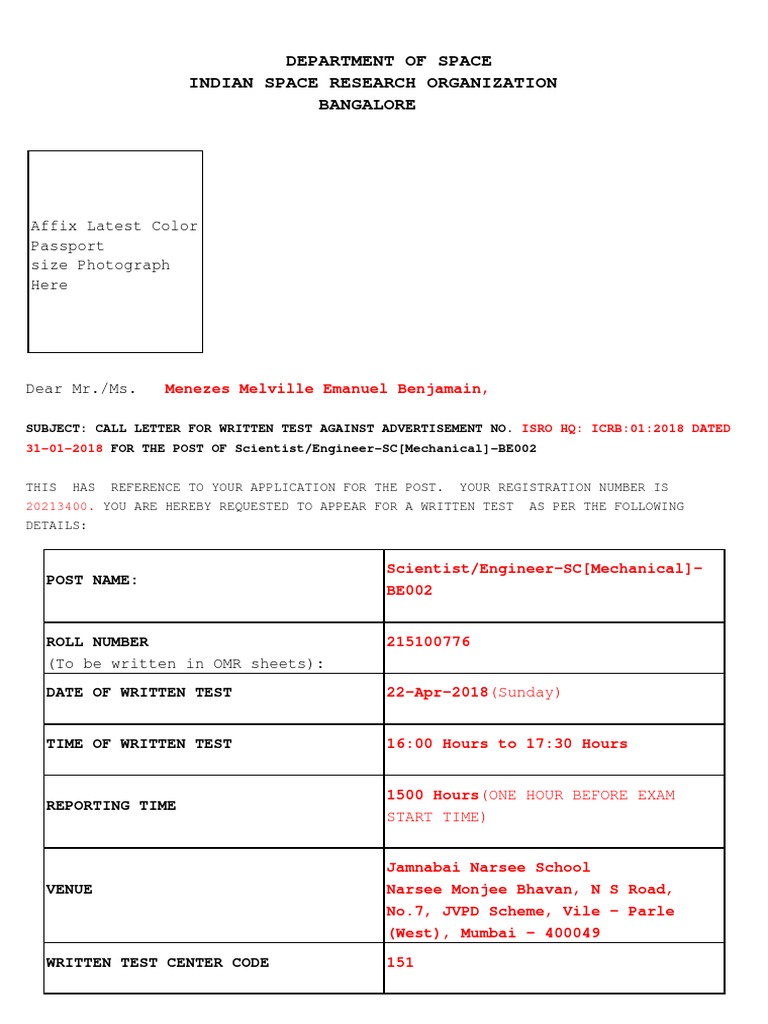ISRO Hall Ticket | PDF | Test (Assessment)