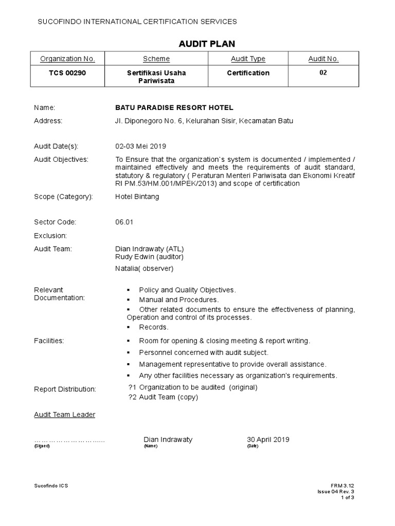 UKL-UPL Certification Audit Plan | PDF | Audit | Service Industries