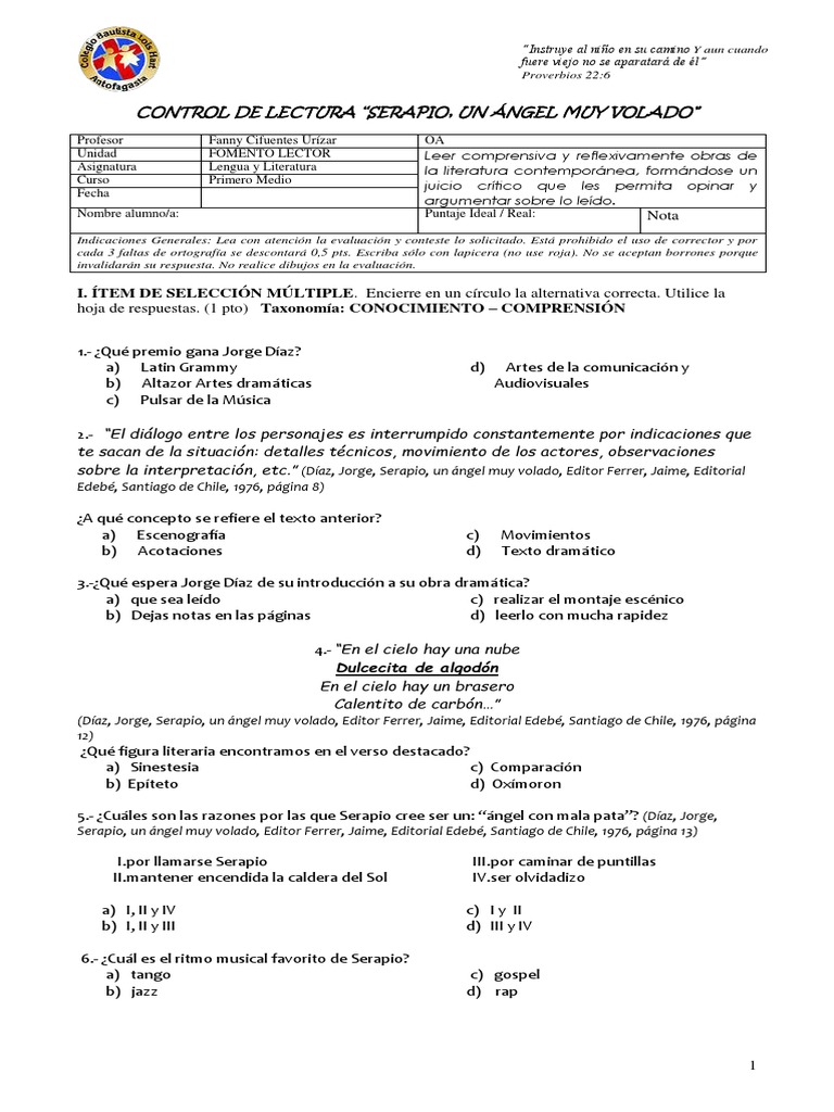 Control de Lectura Serapio Un Ángel Muy Volado | PDF | Entretenimiento ...